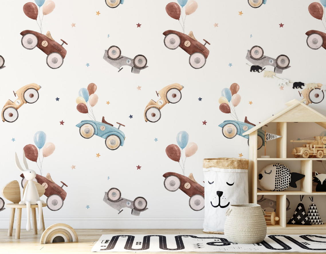 TAPETA NA ZEĎ RETRO ZÁVODNÍ AUTA AKVAREL | Pokojík